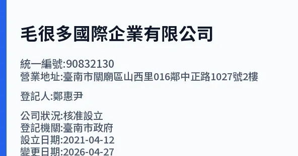 毛很多國際企業有限公司的照片-統編 90832130(臺南市) 公司登記資料與營業項目詳細圖表