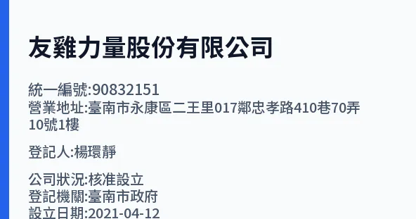 友雞力量股份有限公司的照片-統編 90832151(臺南市) 公司登記資料與營業項目詳細圖表