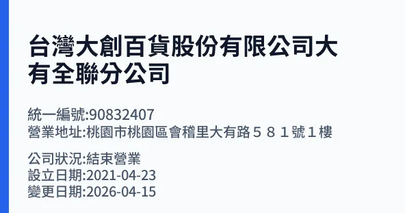 台灣大創百貨股份有限公司大有全聯分公司的照片-統編 90832407(桃園市) 公司登記資料與營業項目詳細圖表