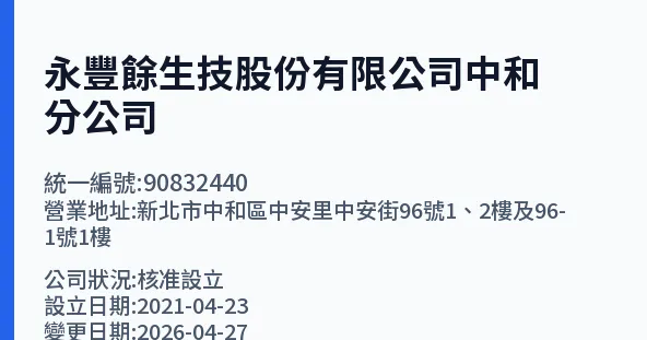 永豐餘生技股份有限公司中和分公司的照片-統編 90832440(新北市) 公司登記資料與營業項目詳細圖表