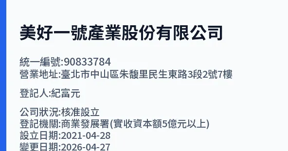 美好一號產業股份有限公司的照片-統編 90833784(臺北市) 公司登記資料與營業項目詳細圖表