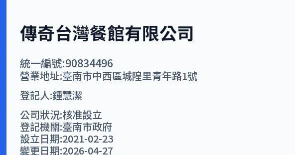 傳奇台灣餐館有限公司的照片-統編 90834496(臺南市) 公司登記資料與營業項目詳細圖表