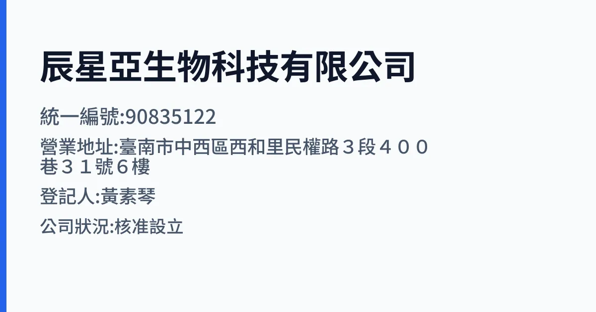 辰星亞生物科技有限公司 - 統編 90835122(臺南市) 公司登記資料與營業項目詳細圖表