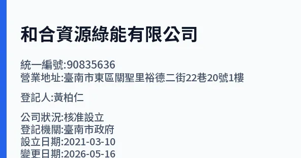 和合資源綠能有限公司的照片-統編 90835636(臺南市) 公司登記資料與營業項目詳細圖表