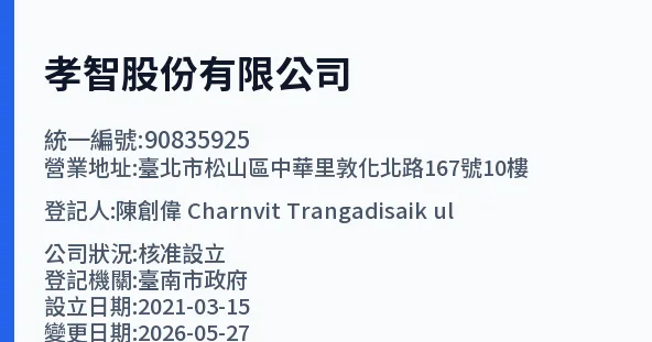 孝智股份有限公司的照片-統編 90835925(臺北市) 公司登記資料與營業項目詳細圖表