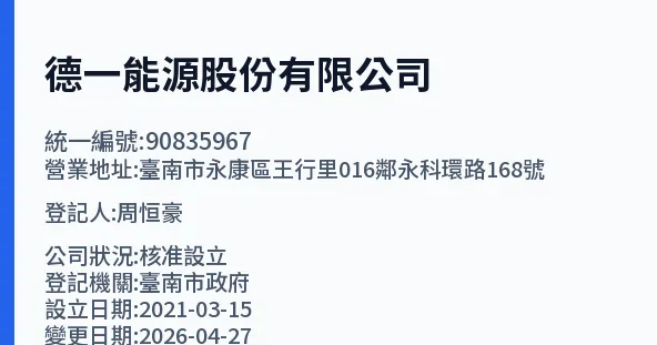 德一能源股份有限公司的照片-統編 90835967(臺南市) 公司登記資料與營業項目詳細圖表