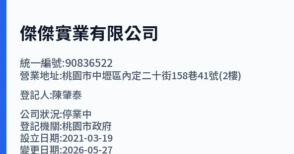 傑傑實業有限公司的照片-統編 90836522(桃園市) 公司登記資料與營業項目詳細圖表