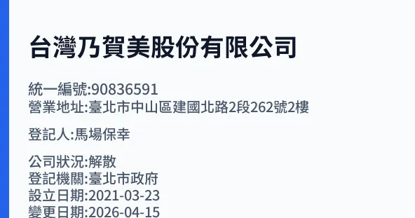 台灣乃賀美股份有限公司的照片-統編 90836591(臺北市) 公司登記資料與營業項目詳細圖表