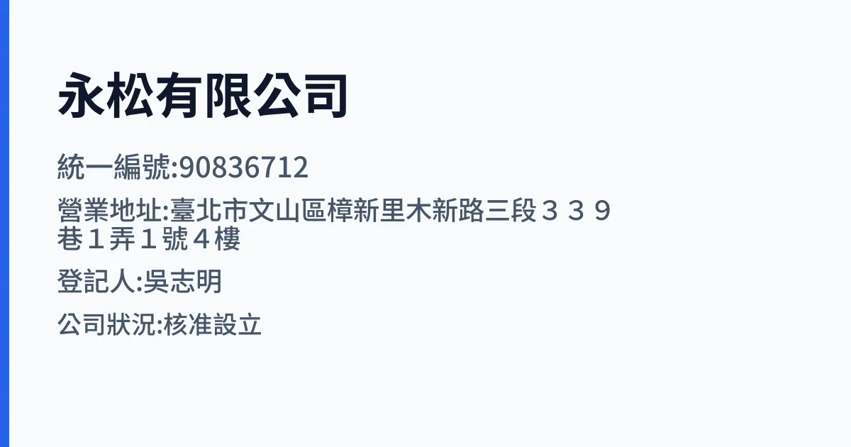 永松有限公司 - 統編 90836712(臺北市) 公司登記資料與營業項目詳細圖表
