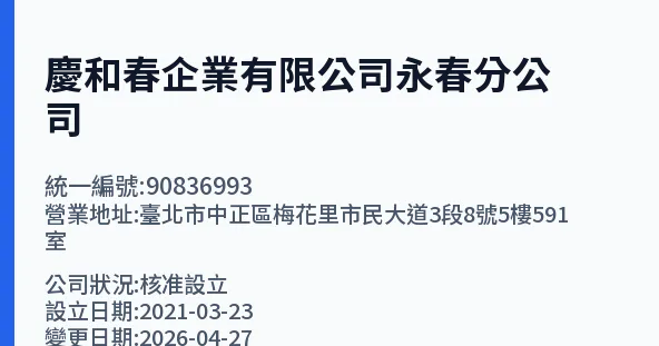 慶和春企業有限公司永春分公司的照片-統編 90836993(臺北市) 公司登記資料與營業項目詳細圖表