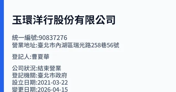 玉環洋行股份有限公司的照片-統編 90837276(臺北市) 公司登記資料與營業項目詳細圖表