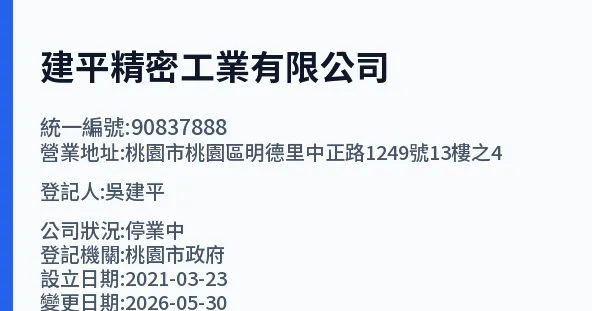 建平精密工業有限公司的照片-統編 90837888(桃園市) 公司登記資料與營業項目詳細圖表