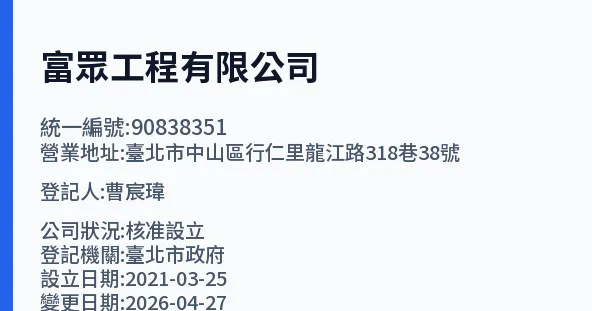 富眾工程有限公司的照片-統編 90838351(臺北市) 公司登記資料與營業項目詳細圖表