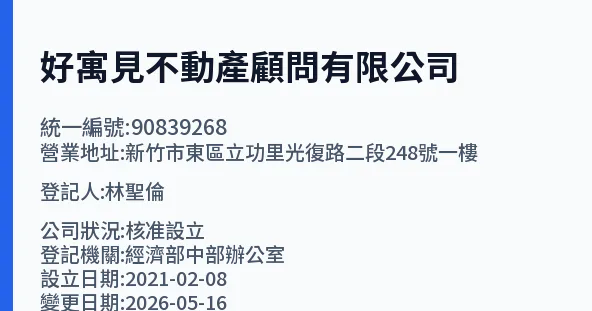 好寓見不動產顧問有限公司的照片-統編 90839268(新竹市) 公司登記資料與營業項目詳細圖表