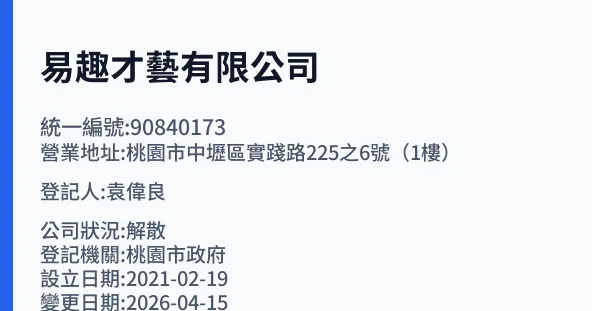 易趣才藝有限公司的照片-統編 90840173(桃園市) 公司登記資料與營業項目詳細圖表