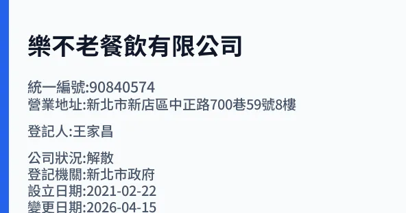 樂不老餐飲有限公司的照片-統編 90840574(新北市) 公司登記資料與營業項目詳細圖表