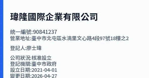 瑋隆國際企業有限公司的照片-統編 90841237(臺中市) 公司登記資料與營業項目詳細圖表