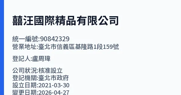 囍汪國際精品有限公司的照片-統編 90842329(臺北市) 公司登記資料與營業項目詳細圖表