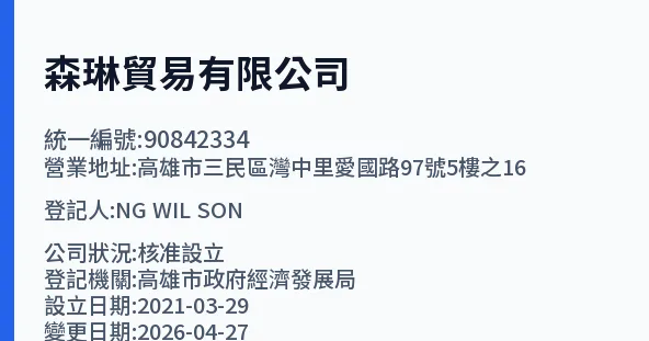 森琳貿易有限公司的照片-統編 90842334(高雄市) 公司登記資料與營業項目詳細圖表