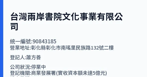 台灣兩岸書院文化事業有限公司的照片-統編 90843185(彰化縣) 公司登記資料與營業項目詳細圖表