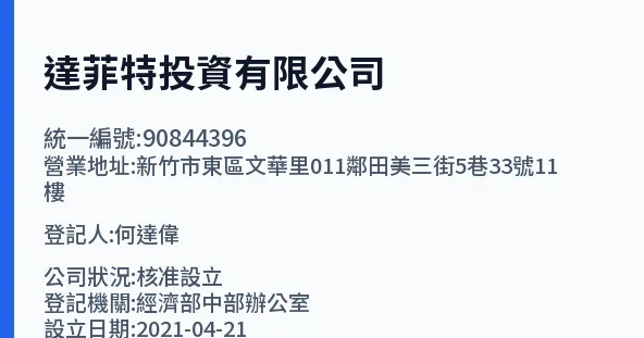 達菲特投資有限公司的照片-統編 90844396(新竹市) 公司登記資料與營業項目詳細圖表