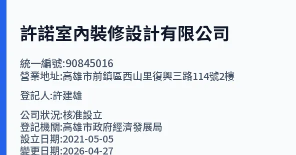 許諾室內裝修設計有限公司的照片-統編 90845016(高雄市) 公司登記資料與營業項目詳細圖表