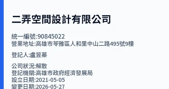 二弄空間設計有限公司的照片-統編 90845022(高雄市) 公司登記資料與營業項目詳細圖表