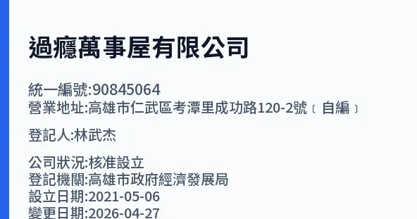 過癮萬事屋有限公司的照片-統編 90845064(高雄市) 公司登記資料與營業項目詳細圖表