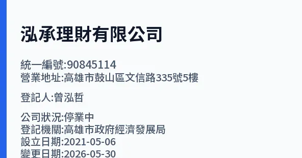 泓承理財有限公司的照片-統編 90845114(高雄市) 公司登記資料與營業項目詳細圖表