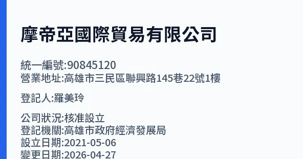 摩帝亞國際貿易有限公司的照片-統編 90845120(高雄市) 公司登記資料與營業項目詳細圖表