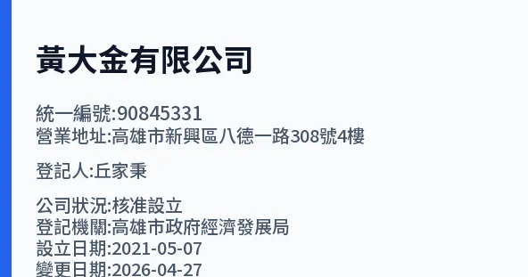 黃大金有限公司的照片-統編 90845331(高雄市) 公司登記資料與營業項目詳細圖表