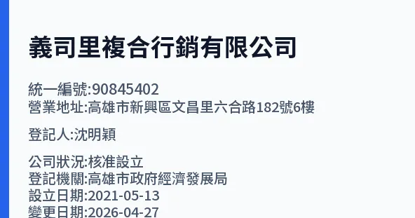義司里複合行銷有限公司的照片-統編 90845402(高雄市) 公司登記資料與營業項目詳細圖表