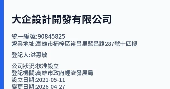 大企設計開發有限公司的照片-統編 90845825(高雄市) 公司登記資料與營業項目詳細圖表