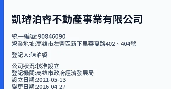 凱璿泊睿不動產事業有限公司的照片-統編 90846090(高雄市) 公司登記資料與營業項目詳細圖表