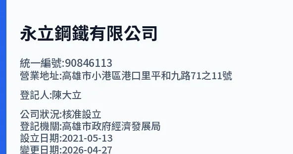 永立鋼鐵有限公司的照片-統編 90846113(高雄市) 公司登記資料與營業項目詳細圖表