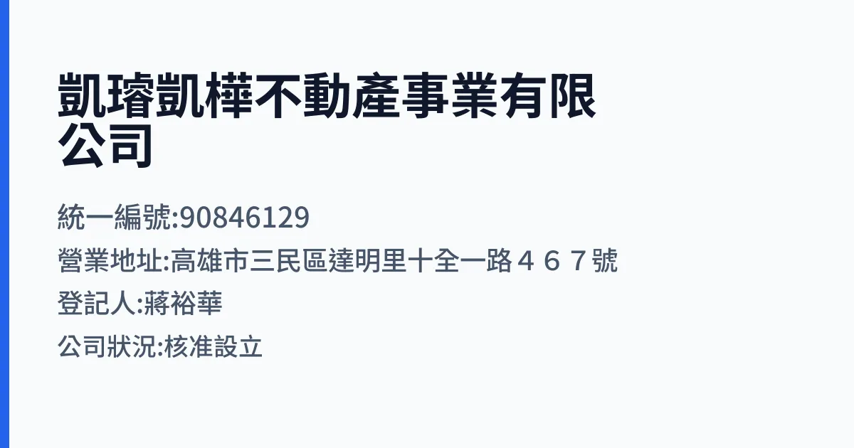 凱璿凱樺不動產事業有限公司 - 統編 90846129(高雄市) 公司登記資料與營業項目詳細圖表