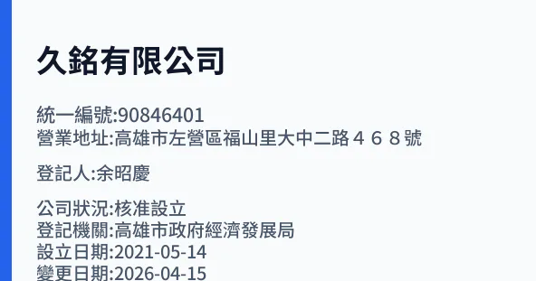 久銘有限公司的照片-統編 90846401(高雄市) 公司登記資料與營業項目詳細圖表