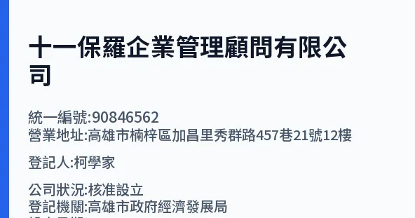 十一保羅企業管理顧問有限公司的照片-統編 90846562(高雄市) 公司登記資料與營業項目詳細圖表