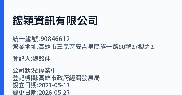 鋐穎資訊有限公司的照片-統編 90846612(高雄市) 公司登記資料與營業項目詳細圖表