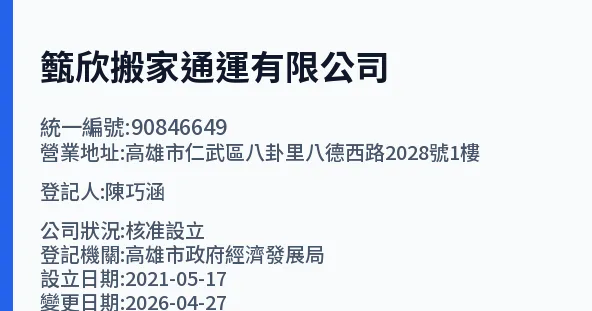 籈欣搬家通運有限公司的照片-統編 90846649(高雄市) 公司登記資料與營業項目詳細圖表