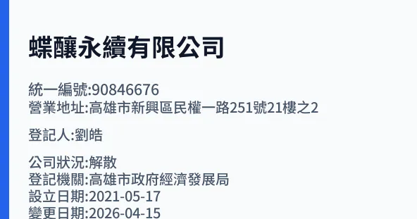 蝶釀永續有限公司的照片-統編 90846676(高雄市) 公司登記資料與營業項目詳細圖表