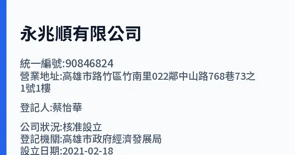 永兆順有限公司的照片-統編 90846824(高雄市) 公司登記資料與營業項目詳細圖表