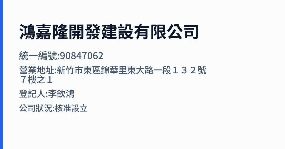 鴻嘉隆開發建設有限公司 - 統編 90847062(新竹市) 公司登記資料與營業項目詳細圖表