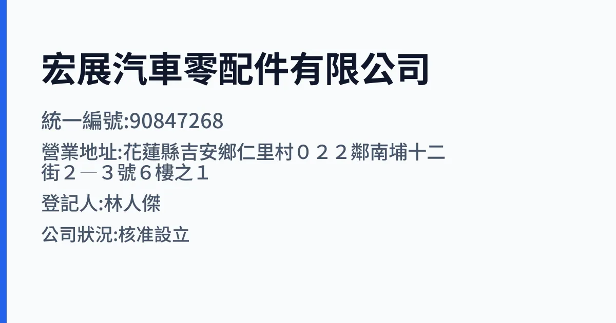 宏展汽車零配件有限公司 - 統編 90847268(花蓮縣) 公司登記資料與營業項目詳細圖表