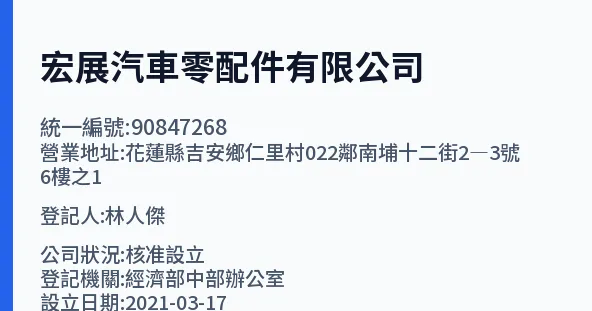 宏展汽車零配件有限公司的照片-統編 90847268(花蓮縣) 公司登記資料與營業項目詳細圖表