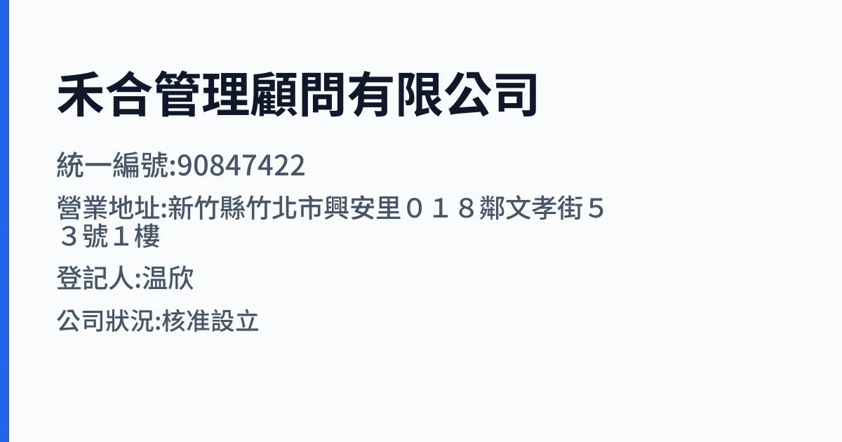 禾合管理顧問有限公司 - 統編 90847422(新竹縣) 公司登記資料與營業項目詳細圖表