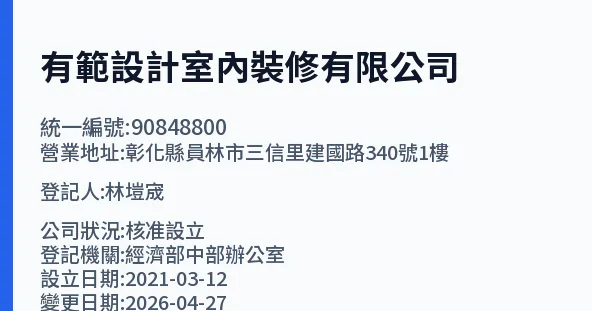 有範設計室內裝修有限公司的照片-統編 90848800(彰化縣) 公司登記資料與營業項目詳細圖表