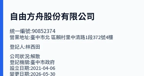 自由方舟股份有限公司的照片-統編 90852374(臺中市) 公司登記資料與營業項目詳細圖表