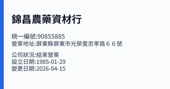 錦昌農藥資材行的照片-統編 90855885(屏東縣) 公司登記資料與營業項目詳細圖表