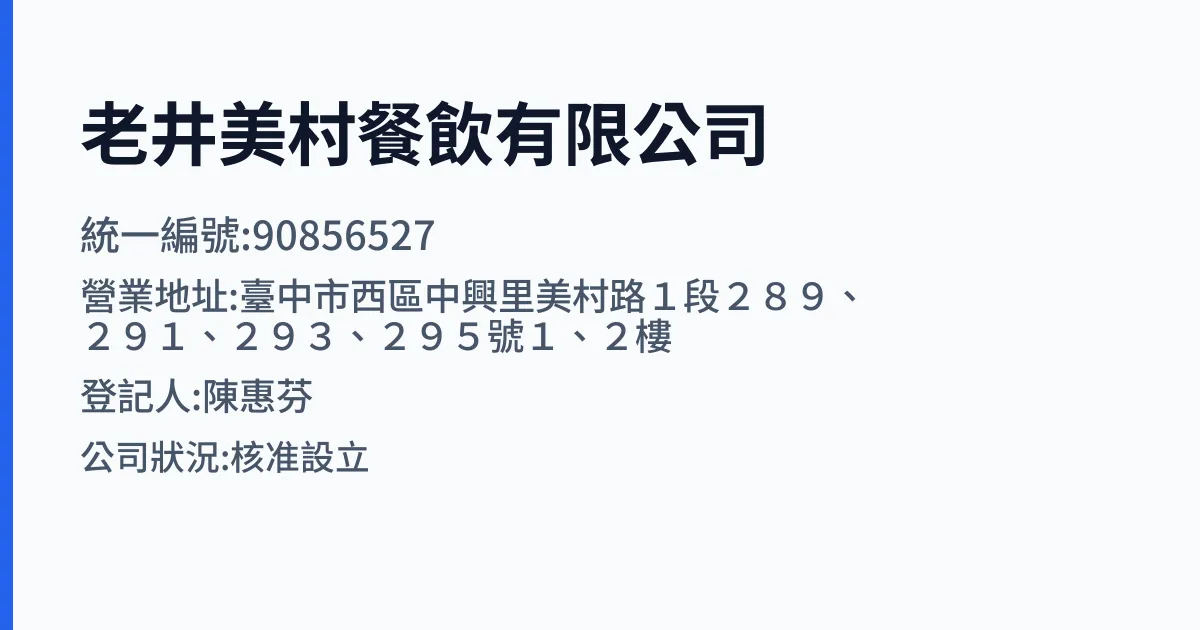老井美村餐飲有限公司 - 統編 90856527(臺中市) 公司登記資料與營業項目詳細圖表